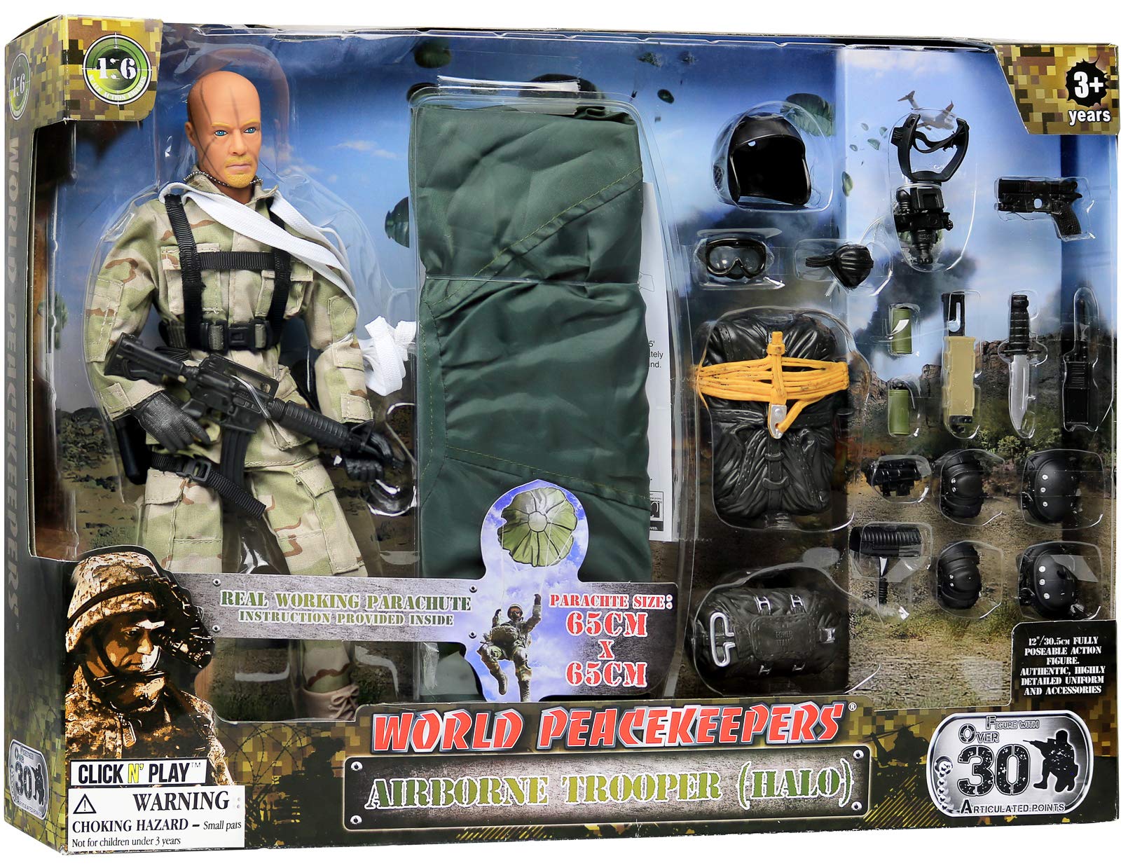 Click N' Play Military Airborne Paratrooper, 12-Inch Action Figures | Accessories, Army Stuff, Clothes, Toy Weapons, Costume | Army Guys, Soldier, World Peacekeepers | Action Figure Army Men Toys