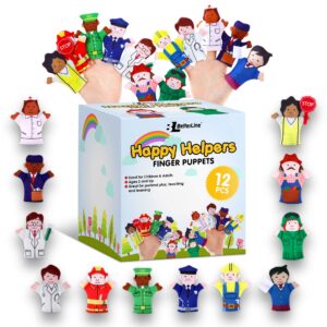 happy helpers finger puppets 12-piece set - teach and learn with a variety of neighborhood people characters - free bonus e-book - for families, children, kindergarten, play and esl