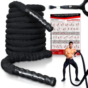 pro battle ropes with anchor strap kit and exercise poster – upgraded durable protective sleeve – 100% poly dacron heavy battle rope for strength training, cardio fitness, crossfit rope (1.5” x 30 ft)