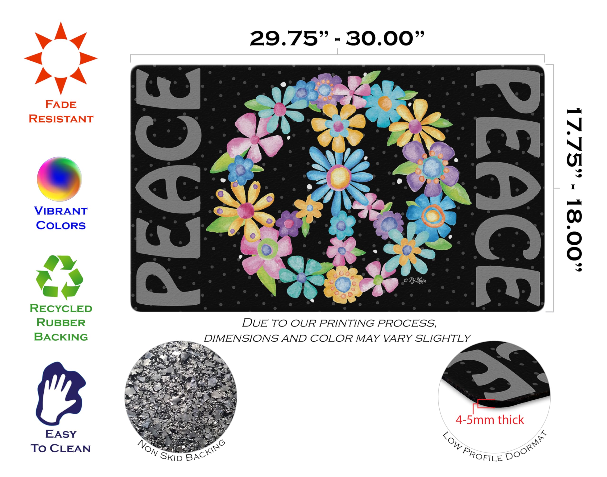 Toland Home Garden 800451 Peace Sign Flowers Flower Door Mat 18x30 Inch Hippie Outdoor Doormat for Entryway Indoor Entrance