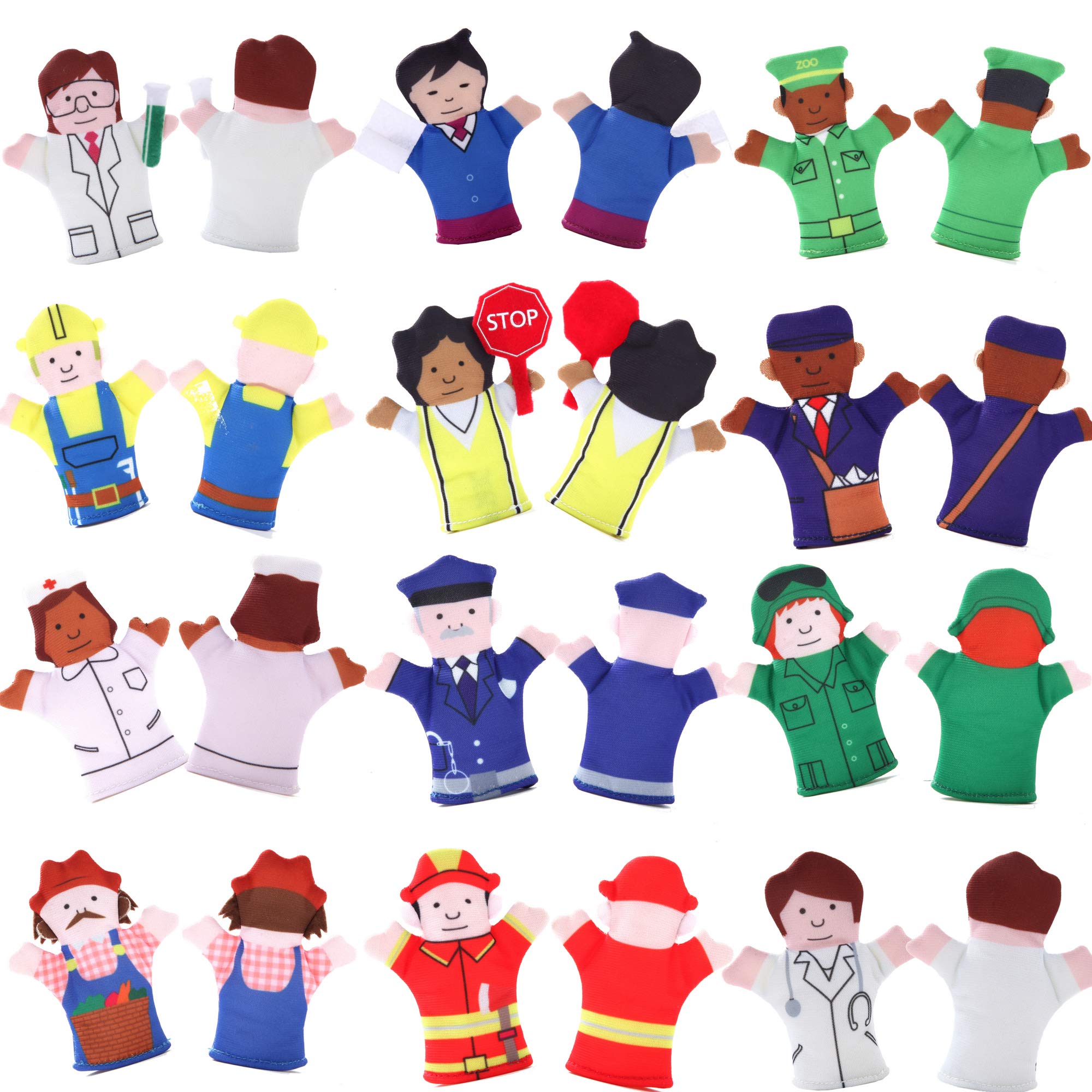 Happy Helpers Finger Puppets 12-Piece Set - Teach and Learn with a Variety of Neighborhood People Characters - Free Bonus E-Book - for Families, Children, Kindergarten, Play and ESL