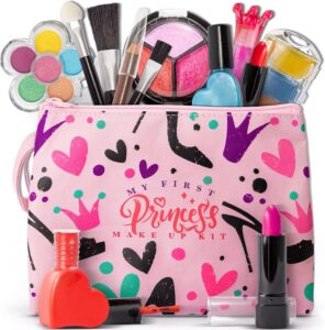 foxprint kids makeup kit for girls, soft to skin, easy to wash, 23 pc princess makeup set toys girls & kids, carrying cosmetic purse for easy storage