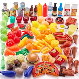 shimfun 143 piece play food for kids kitchen - toy assortment - pretend food for toddler - bonus water bottle + deluxe color box packaging + storage bag