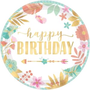 amscan boho birthday girl round paper plates - 7" | pack of 8