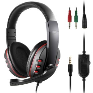 sourceton 3.5mm noise isolating over ear headphone with mic and volume control compatible with laptop, pc, xbox one controller, bonus with extra 3.5mm adapter