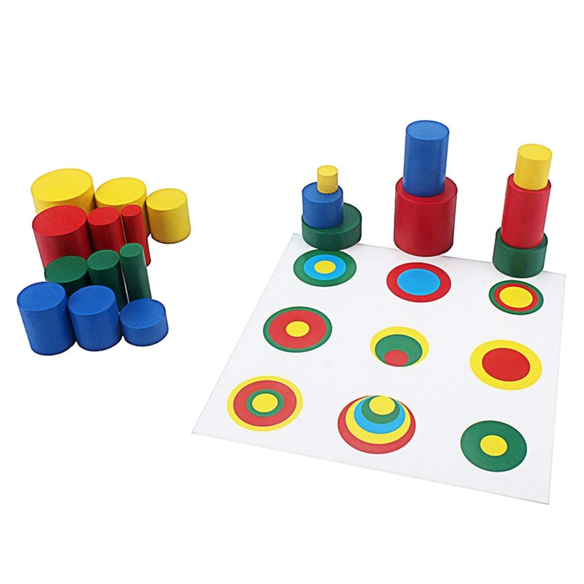 Montessori Colored Cylinders With Control Cards Kids Wooden Knobless Blocks Shape & Color Recognition Material Toys (Colored Cylinders With Control Cards)