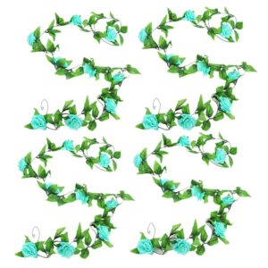 4 pack 7.8ft artificial rose vines with green leaves fake flowers plants hanging garden vine garland for wedding home party decor rustic craft supplies (aqua)