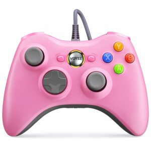 voyee pc controller, wired controller compatible with microsoft xbox 360 & slim/pc windows 10/8/7, with upgraded joystick, double shock | enhanced (pink)