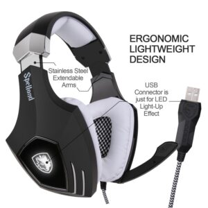 SADES A60/OMG Gaming Headset Over Ear Stereo Surround Sound Heaphones With Microphone Noise Isolating Volume Control LED Light For PC & MAC (White/Black)