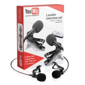 youmic - 2 dual mini lavalier lapel mics with clip for phone, iphone microphone for ios, android, pc, laptop, video, vlogging