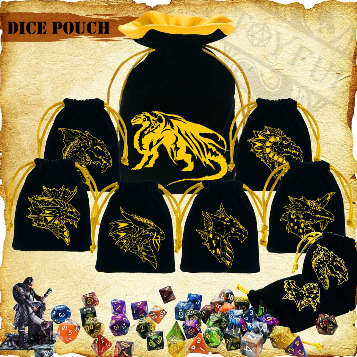 TOYFUL 6 Sets Double-Colors DND Dice Polyhedral Dungeons and Dragons DND RPG MTG Table Game Dice Bulk with Seven Free Drawstring Bags and D&D Dice Tower Gift Package Black