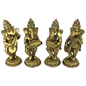 design toscano musical ganesha hindu elephant men band statues, set of four figurines, 7 inches tall, cast stone resin, antique gold finish