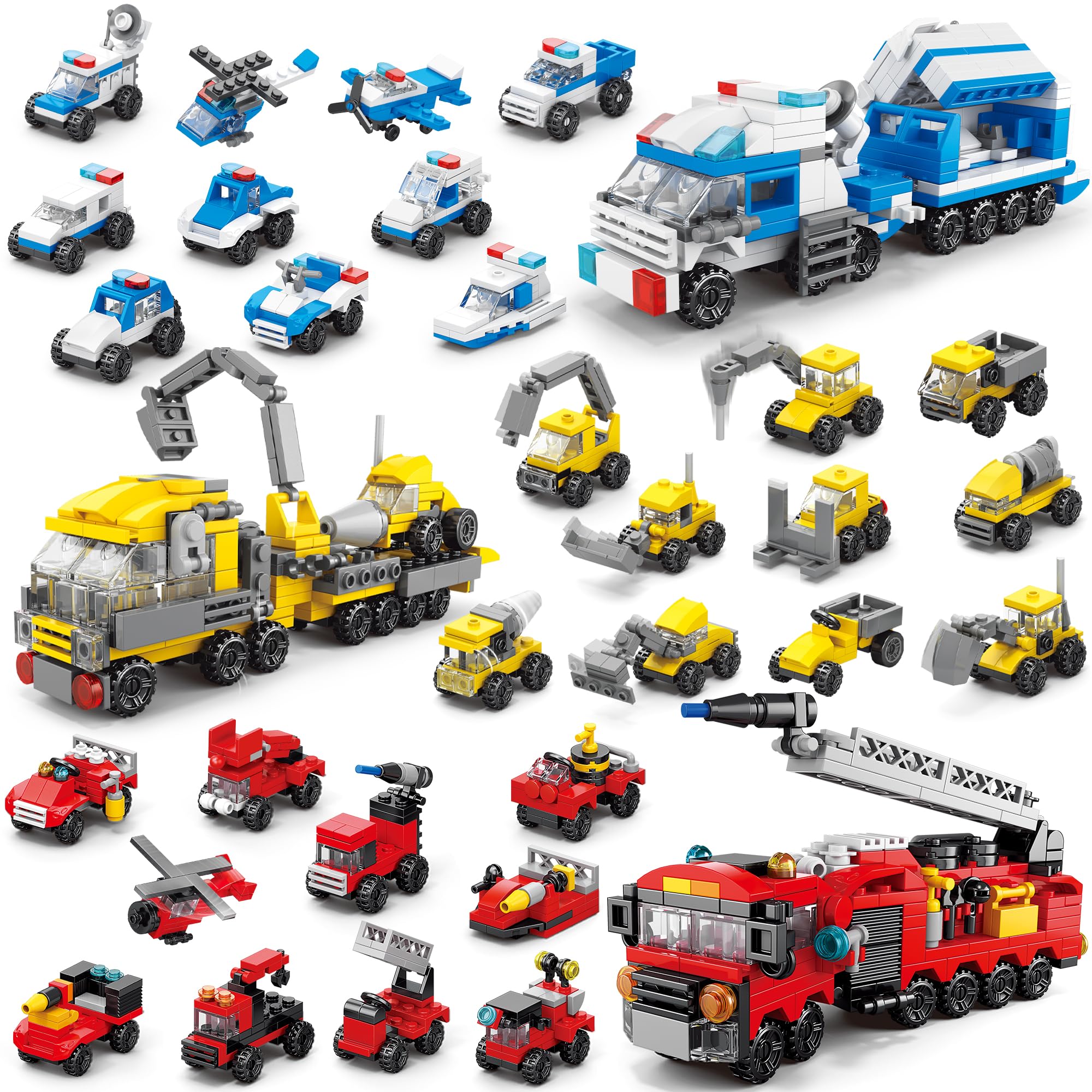 30Pack Mini Cars Building Blocks Party Favors for Kids - Small Fire Truck,City Police Car,Construction Vehicle for Goodies Bag Filling, Classroom Prizes for Boys 6-12