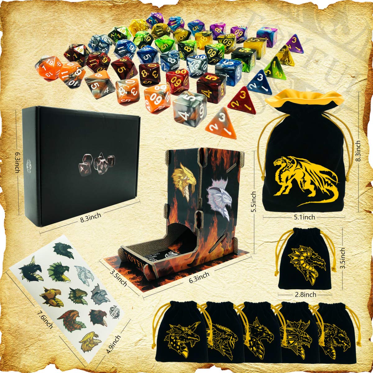 TOYFUL 6 Sets Double-Colors DND Dice Polyhedral Dungeons and Dragons DND RPG MTG Table Game Dice Bulk with Seven Free Drawstring Bags and D&D Dice Tower Gift Package Black