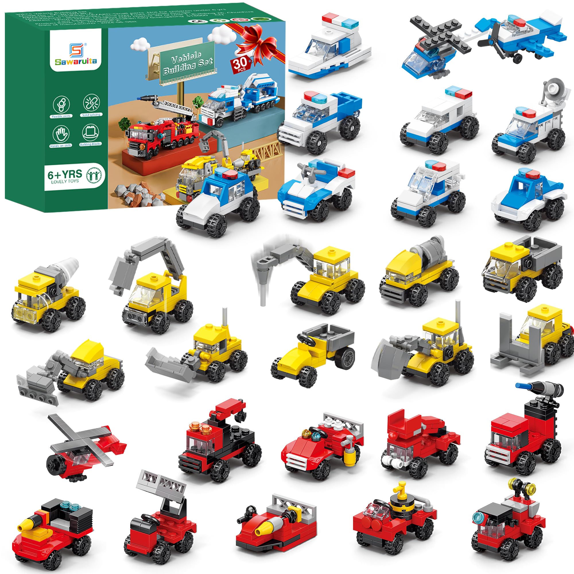 30Pack Mini Cars Building Blocks Party Favors for Kids - Small Fire Truck,City Police Car,Construction Vehicle for Goodies Bag Filling, Classroom Prizes for Boys 6-12