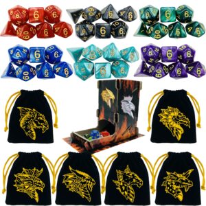 toyful 6 sets dnd dice polyhedral dungeons and dragons dnd rpg mtg table game dice bulk with free six drawstring bags and d&d dice tower black