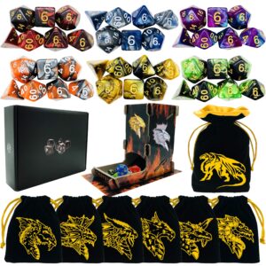 toyful 6 sets double-colors dnd dice polyhedral dungeons and dragons dnd rpg mtg table game dice bulk with seven free drawstring bags and d&d dice tower gift package black