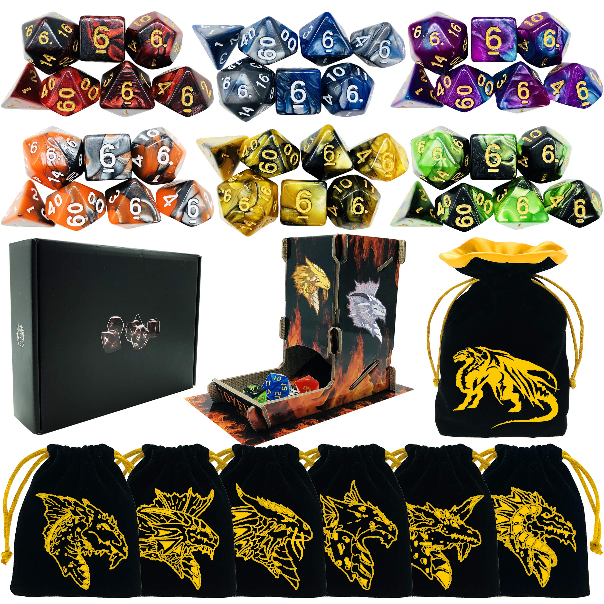 TOYFUL 6 Sets Double-Colors DND Dice Polyhedral Dungeons and Dragons DND RPG MTG Table Game Dice Bulk with Seven Free Drawstring Bags and D&D Dice Tower Gift Package Black