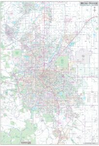 metro denver co detailed region wall map w/zip codes *laminated* 36"x52"