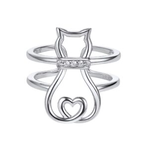 silvercute 925 sterling silver cat cute ring glittering heart cubic zirconia sparkle adjustable ring