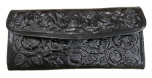 sharpshooter ladies tooled leather western blossoming roses trifold wallet (black)