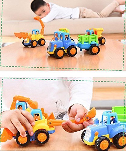 Berry President Set of 4: Early Educational Push and Go Friction Powered Car Tractor Bulldozer Mixer Truck and Dumper Toys for Toddler Baby Children Kids Boys Girls (4EngineeringCar)