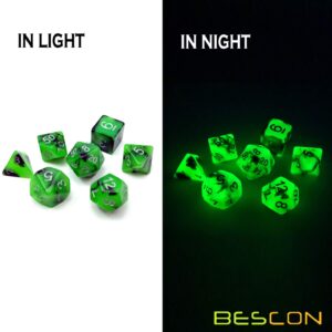 Bescon Two-Tone Glow-in-The-Dark Polyhedral Dice Set Spooky Rocks, Luminous RPG Dice Set d4 d6 d8 d10 d12 d20 d% Brick Box Pack