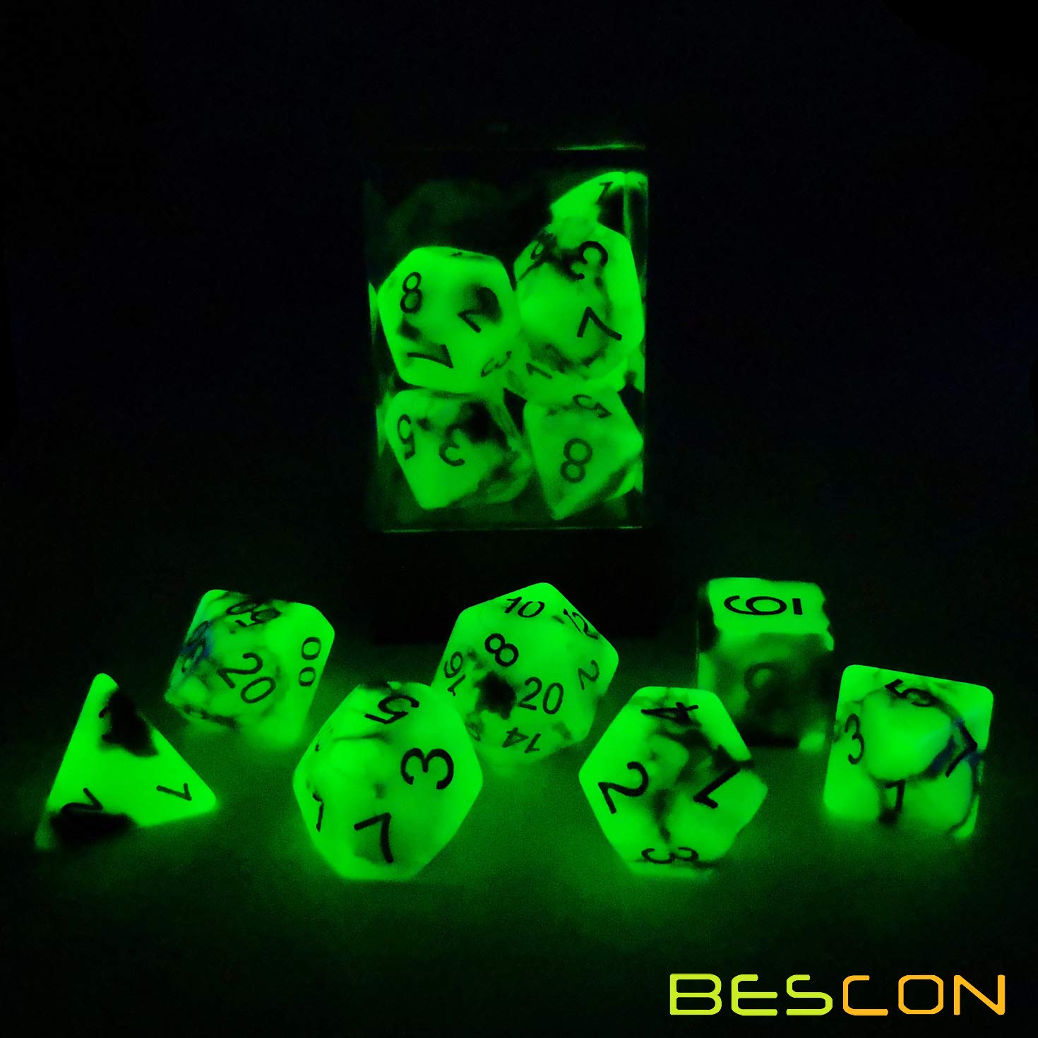 Bescon Two-Tone Glow-in-The-Dark Polyhedral Dice Set Spooky Rocks, Luminous RPG Dice Set d4 d6 d8 d10 d12 d20 d% Brick Box Pack