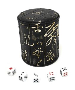 thy collectibles dice cup with 5 dices, pu leather professional dice shaker cup set for yahtzee/craps/backgammon or other dice games chinese calligraphy design