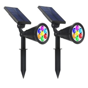 solar spot lights outdoor, 7 led color changing solar spotlights decor waterproof 2-in-1 landscape security lighting for garden, patio, yard, tree decoration (2-pack)