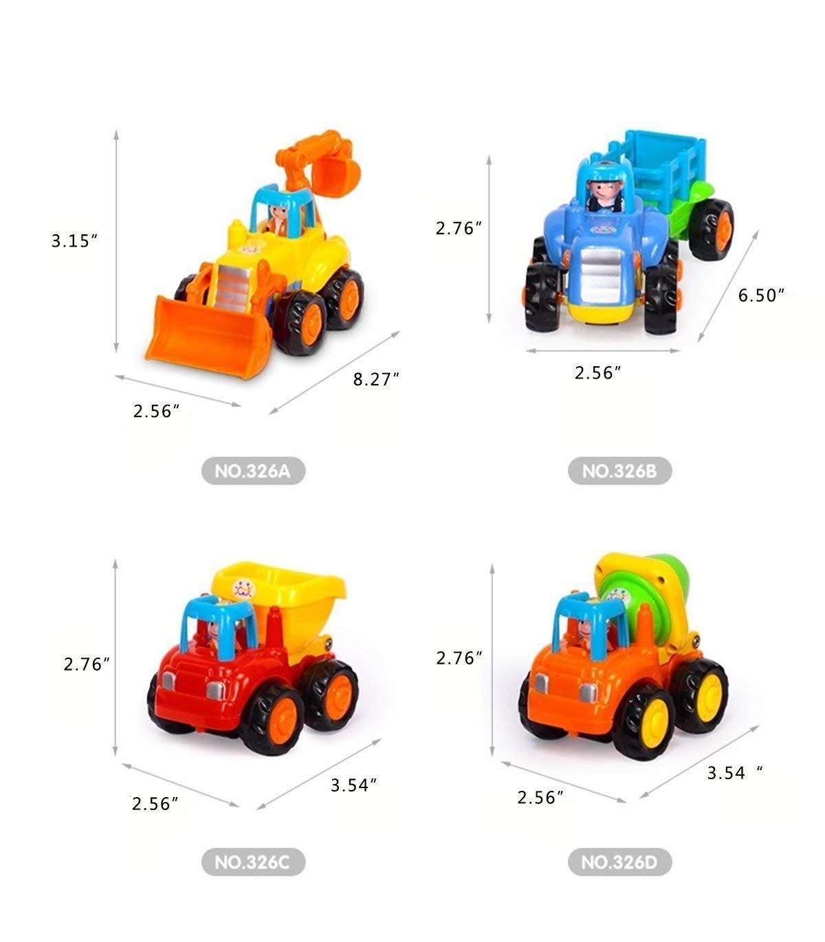 Berry President Set of 4: Early Educational Push and Go Friction Powered Car Tractor Bulldozer Mixer Truck and Dumper Toys for Toddler Baby Children Kids Boys Girls (4EngineeringCar)