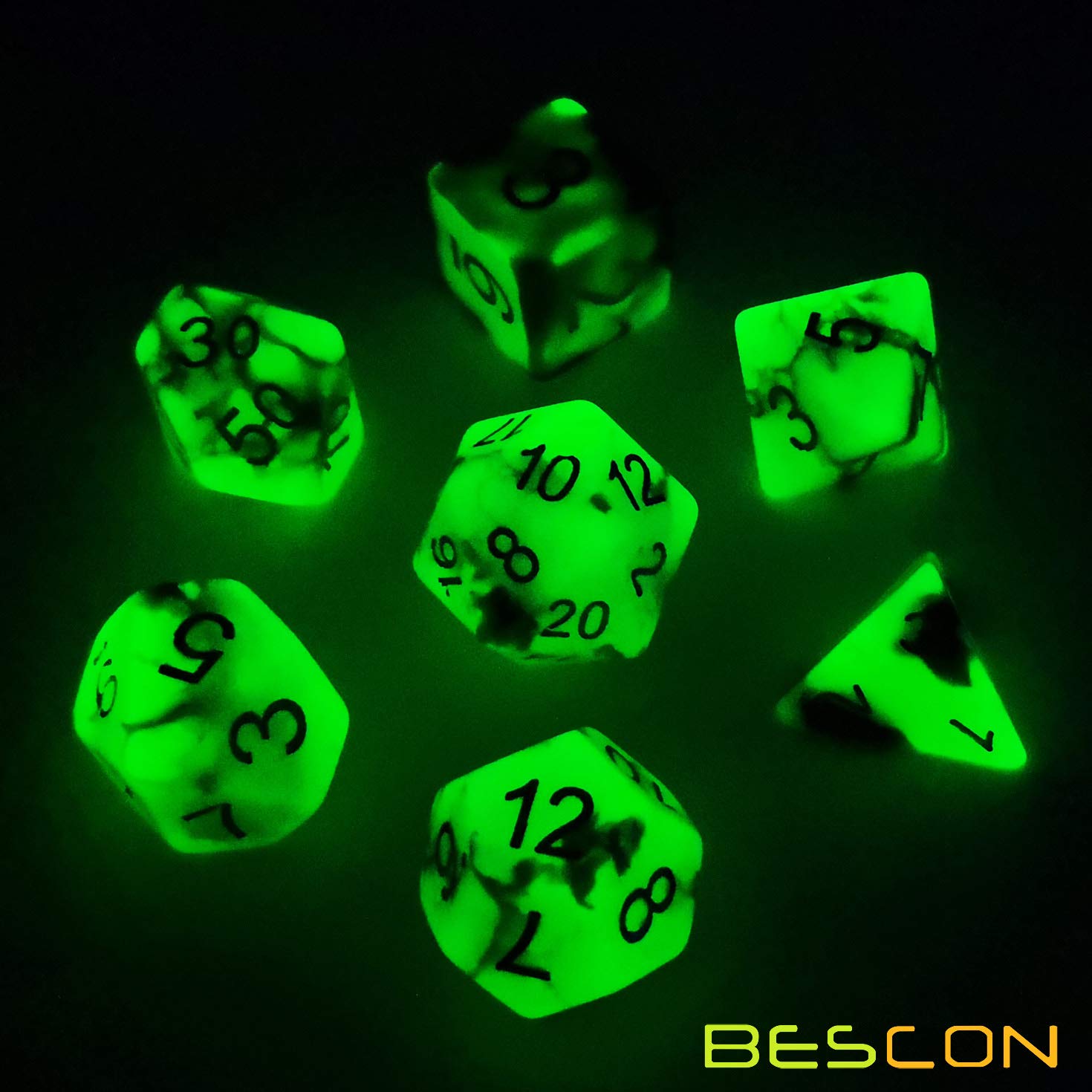 Bescon Two-Tone Glow-in-The-Dark Polyhedral Dice Set Spooky Rocks, Luminous RPG Dice Set d4 d6 d8 d10 d12 d20 d% Brick Box Pack