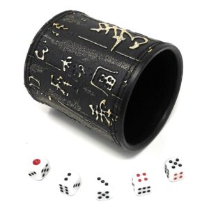 THY COLLECTIBLES Dice Cup with 5 Dices, PU Leather Professional Dice Shaker Cup Set for Yahtzee/Craps/Backgammon or Other Dice Games Chinese Calligraphy Design