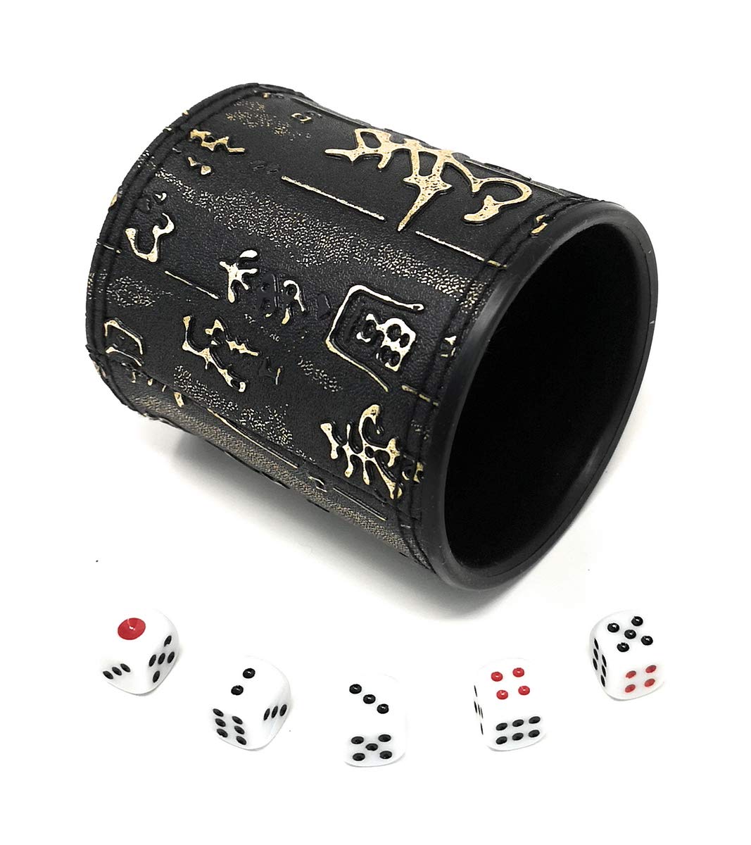 THY COLLECTIBLES Dice Cup with 5 Dices, PU Leather Professional Dice Shaker Cup Set for Yahtzee/Craps/Backgammon or Other Dice Games Chinese Calligraphy Design