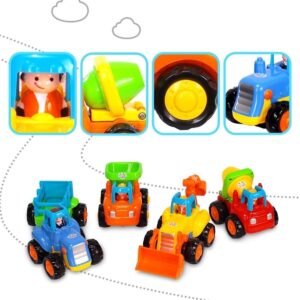 Berry President Set of 4: Early Educational Push and Go Friction Powered Car Tractor Bulldozer Mixer Truck and Dumper Toys for Toddler Baby Children Kids Boys Girls (4EngineeringCar)