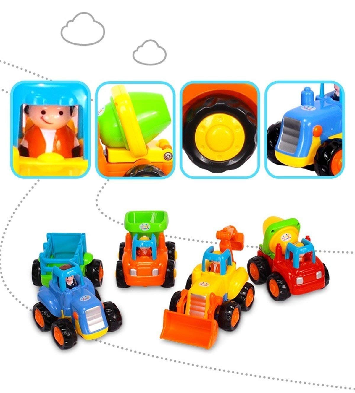 Berry President Set of 4: Early Educational Push and Go Friction Powered Car Tractor Bulldozer Mixer Truck and Dumper Toys for Toddler Baby Children Kids Boys Girls (4EngineeringCar)