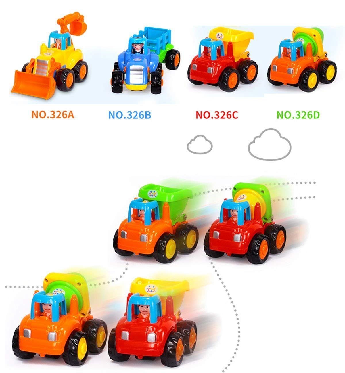 Berry President Set of 4: Early Educational Push and Go Friction Powered Car Tractor Bulldozer Mixer Truck and Dumper Toys for Toddler Baby Children Kids Boys Girls (4EngineeringCar)