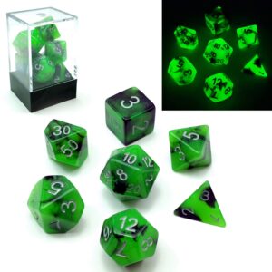 bescon two-tone glow-in-the-dark polyhedral dice set spooky rocks, luminous rpg dice set d4 d6 d8 d10 d12 d20 d% brick box pack