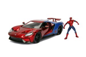 jada toys marvel 1:24 2017 ford gt die-cast car with 2.75" spider-man figure, toys for kids and adults, red/blue (99725)