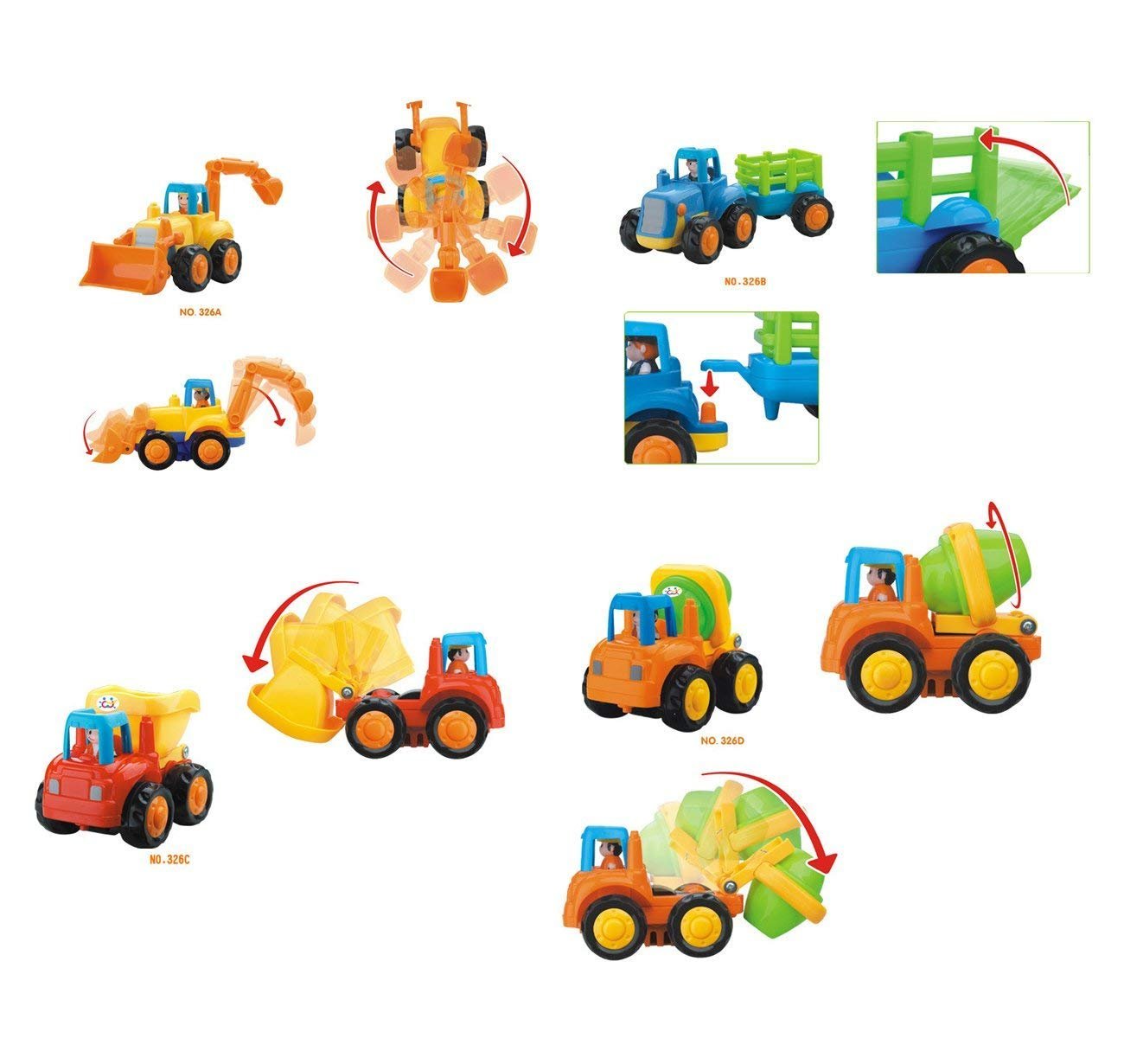 Berry President Set of 4: Early Educational Push and Go Friction Powered Car Tractor Bulldozer Mixer Truck and Dumper Toys for Toddler Baby Children Kids Boys Girls (4EngineeringCar)