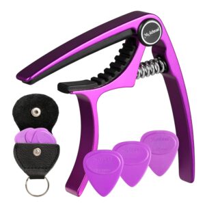 guitar capo, meeland purple aluminium guitar capo key clamp for acoustic guitar/electric guitar/ukulele/bass with guitar picks and leather picks holder and bridge pins puller included