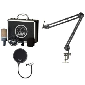 akg pro c214 professional large-diaphragm condenser microphone with studio stand and pop filter (3 items)