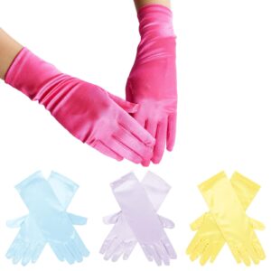 juvale 4 pairs of satin princess gloves for little girls dress up costumes, tea party, birthday, wedding, pageant (4 colors)