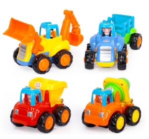 berry president set of 4: early educational push and go friction powered car tractor bulldozer mixer truck and dumper toys for toddler baby children kids boys girls (4engineeringcar)