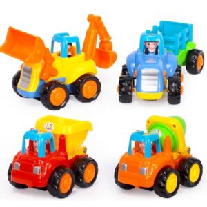 Berry President Set of 4: Early Educational Push and Go Friction Powered Car Tractor Bulldozer Mixer Truck and Dumper Toys for Toddler Baby Children Kids Boys Girls (4EngineeringCar)