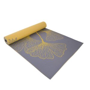 cap yoga mat with carry strap, 5mm, reversible dahlia design, yellow/gray