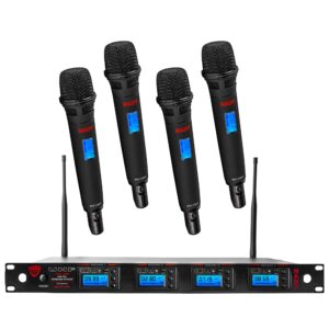 nady 4w-1ku ht quad true diversity 1000-channel professional uhf wireless system with 4 handheld microphones – autoscan – automatic transmitter pairing – all metal construction