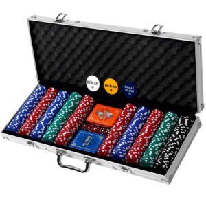 rally and roar professional poker set w/ hard case, 2 card decks, 5 dice, 3 buttons - 500 chips