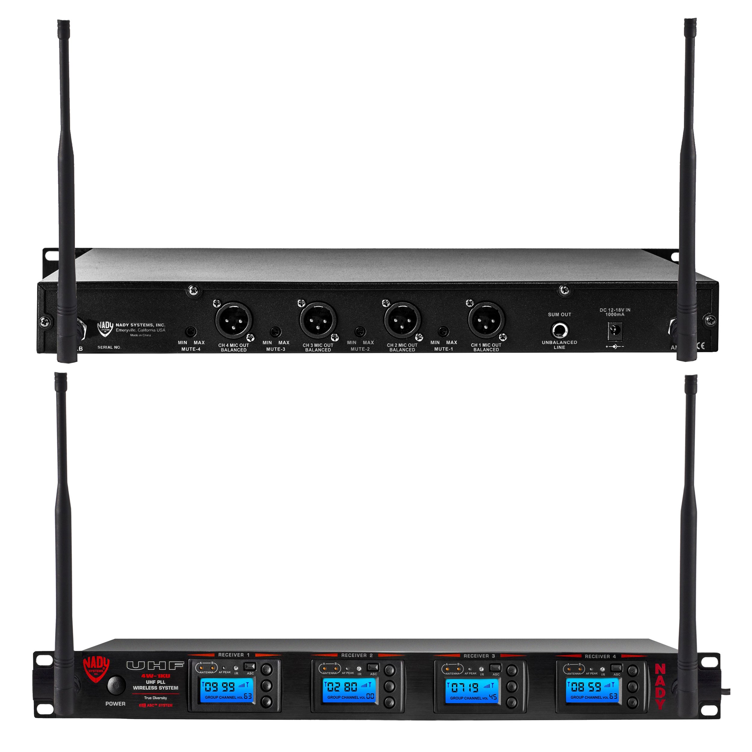 Nady 4W-1KU HT Quad True Diversity 1000-Channel Professional UHF Wireless System with 4 Handheld Microphones – Autoscan – Automatic Transmitter Pairing – All Metal Construction