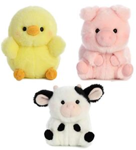 aurora world pig, cow and chicken stuffed animal plush toy | farm animals theme | bundle of 3 rolly pet items, 5 inches each